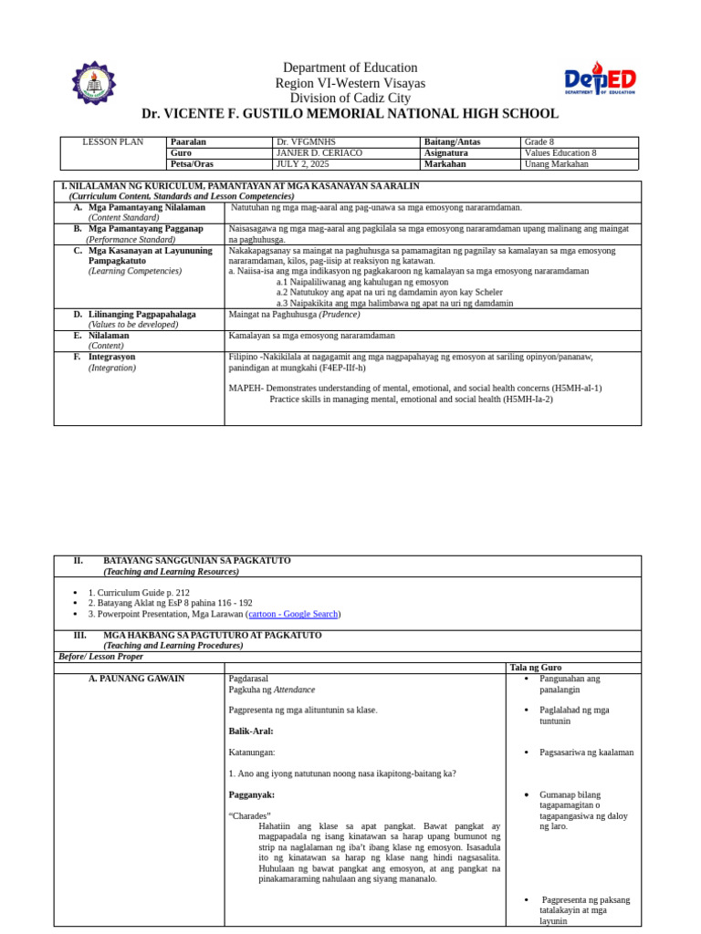 Emosyon Lesson Plan JANJER FINAL | PDF