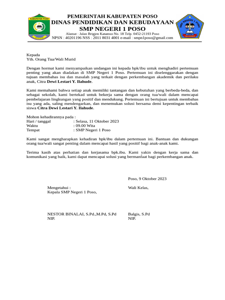 Undangan Ortu Siswa Bermasalah | PDF