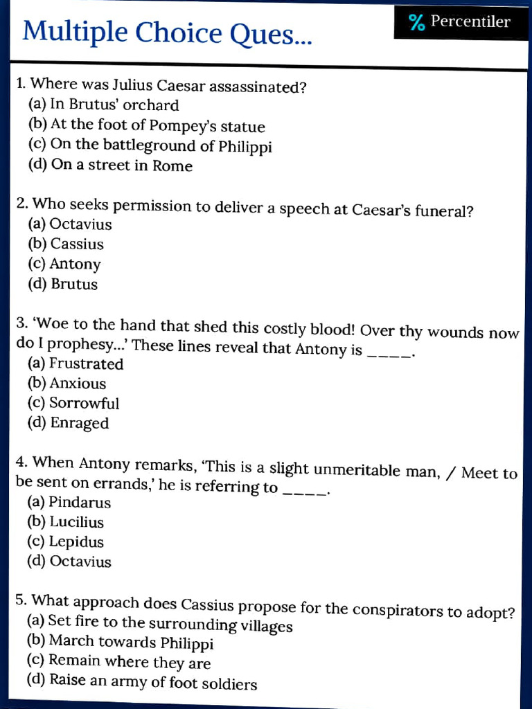 Julius Caesar Multiple Choice Quiz | PDF | Mark Antony | Julius Caesar