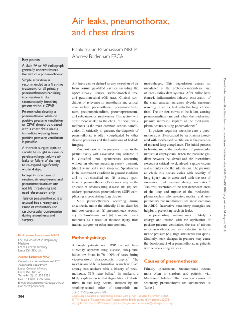Anesthesia Critical Care and Pain: Air Leaks Pneumothorax and Chest ...