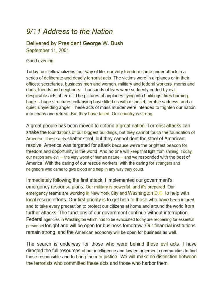 Completed Bush Speech | PDF | Persuasion | Rhetoric