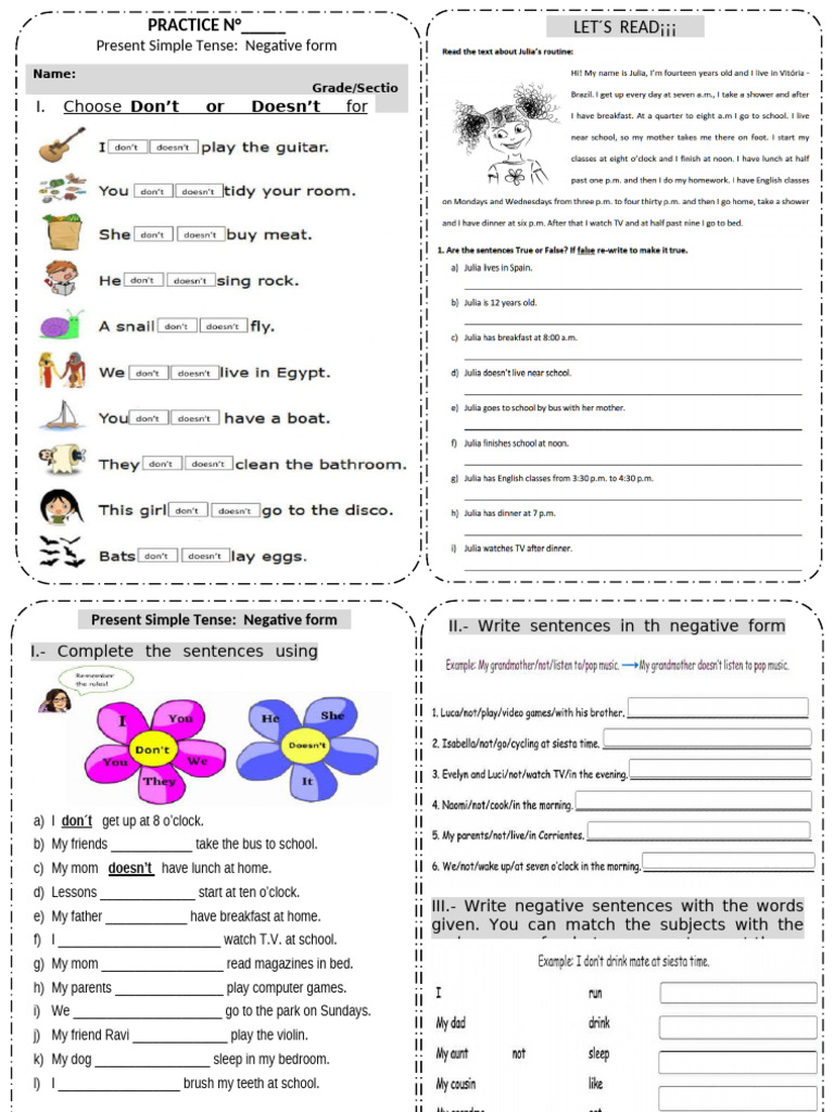 Negative Form Exercises: Don’t & Doesn’t | PDF
