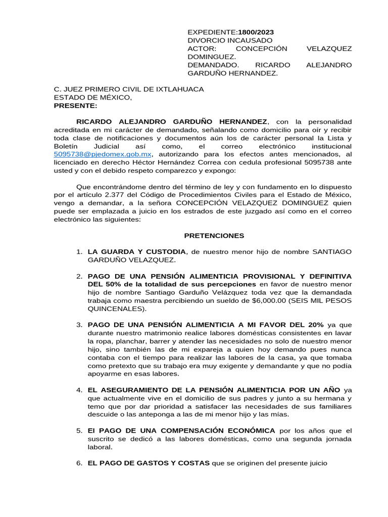 Demanda de Divorcio Incausado 3.377 | PDF | Pensión alimenticia | Divorcio