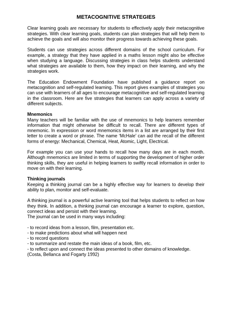 Effective Metacognitive Strategies | PDF | Metacognition | Learning