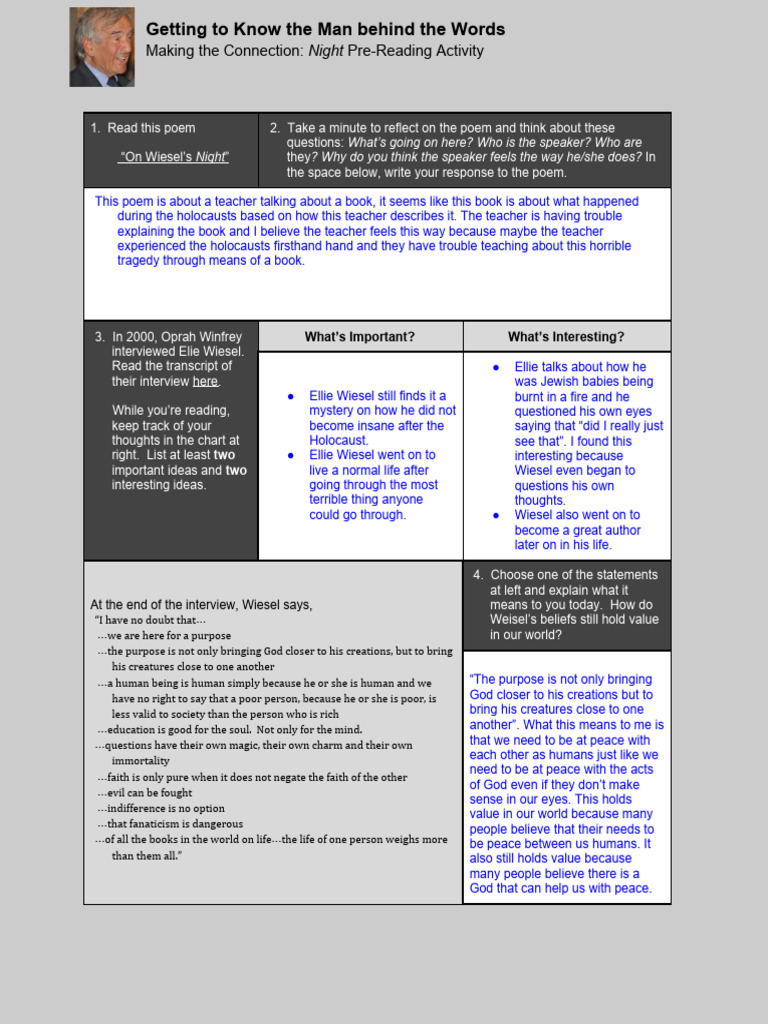 ELA Pre-Reading Wiesel Assignment | PDF | Faith | Religious Belief And ...