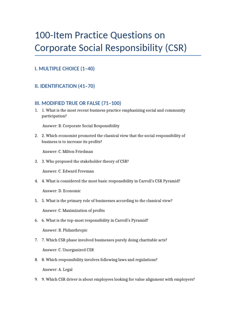CSR 100 Item Practice Questions | PDF | Corporate Social Responsibility ...