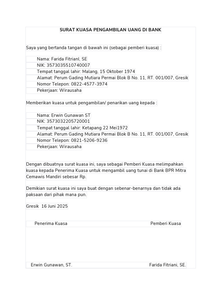 Surat Kuasa Pengambilan Uang Di Bank | PDF