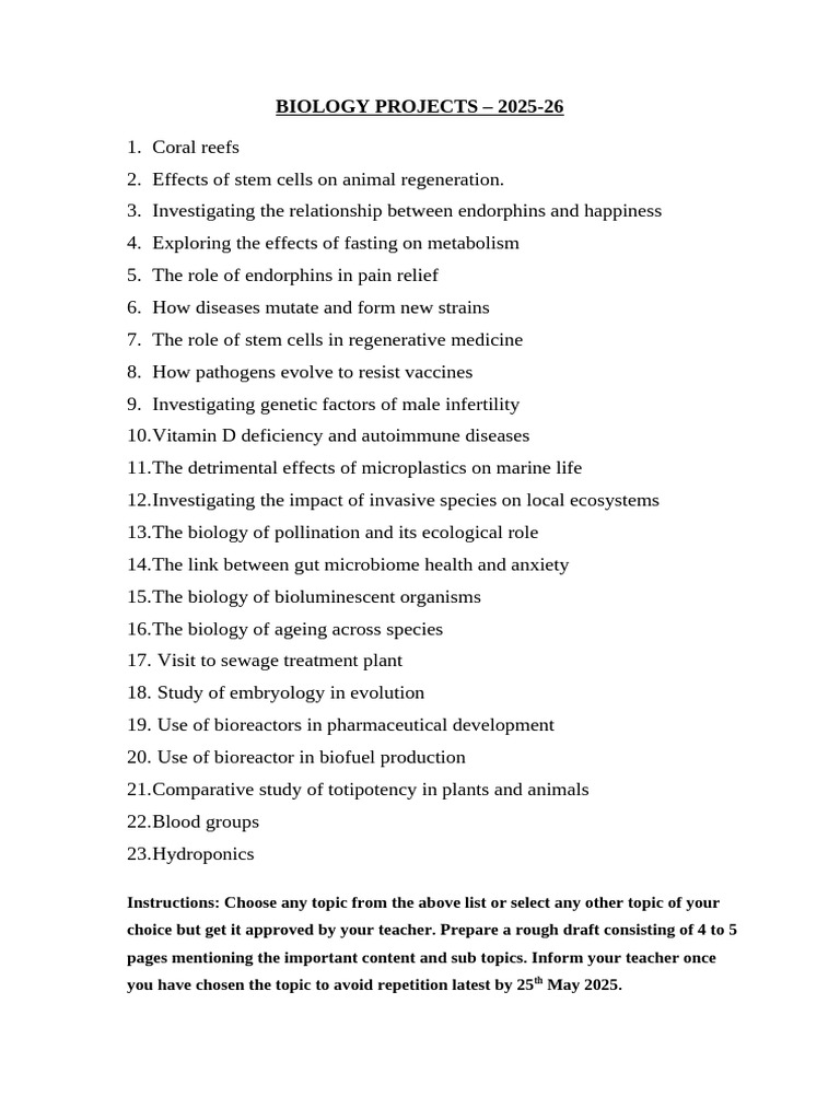 Biology Project Ideas for 2025-26 | PDF