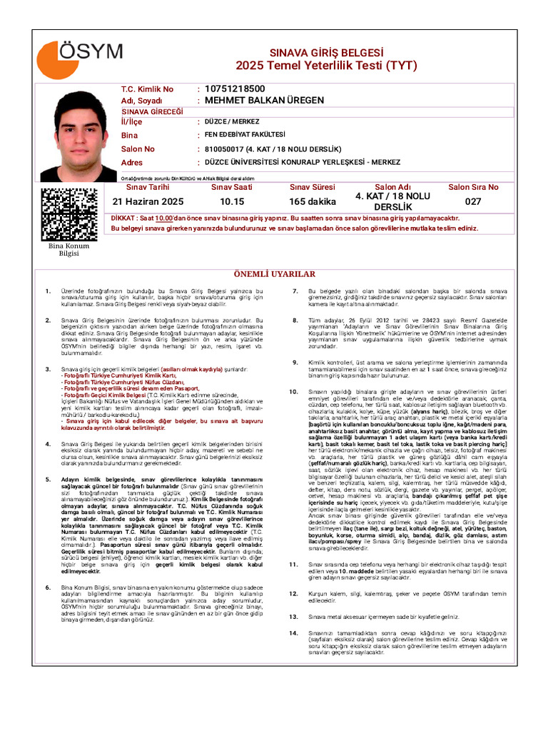 Sınava Giriş Belgesi | PDF
