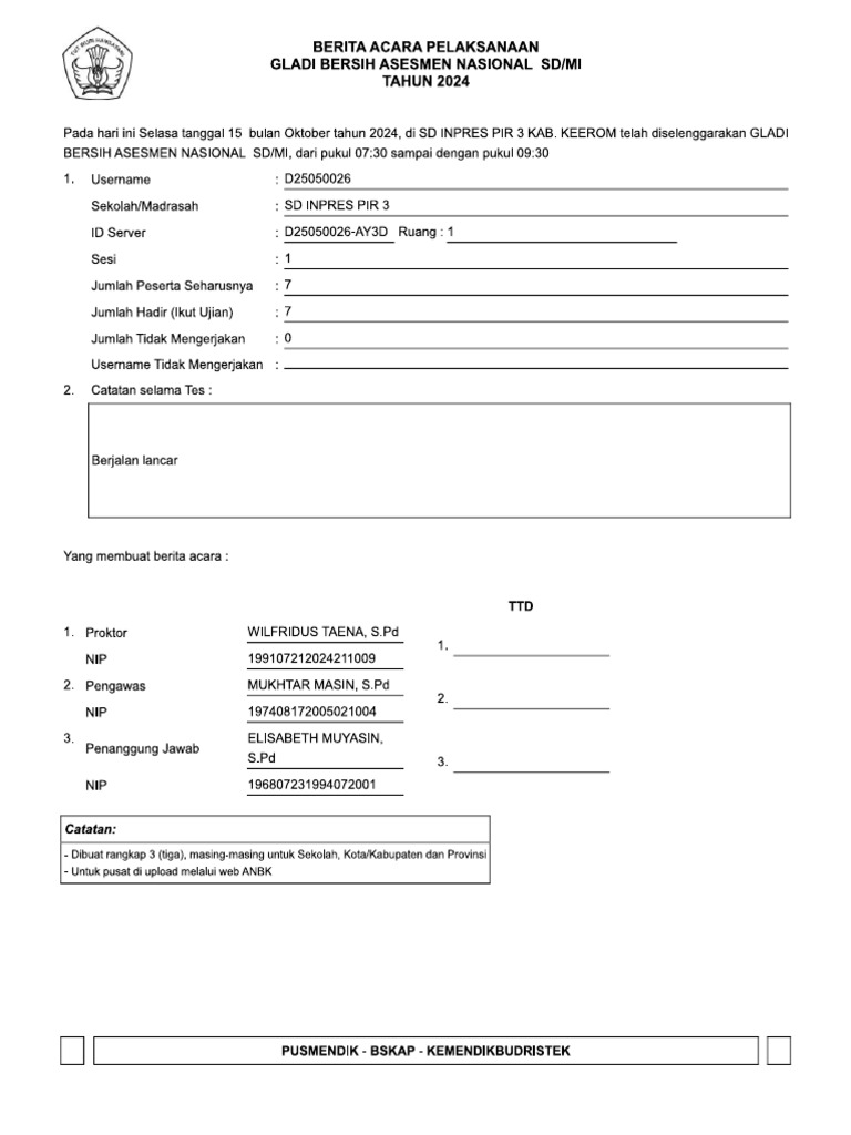 Berita Acara Numerasi Sesi 1 | PDF