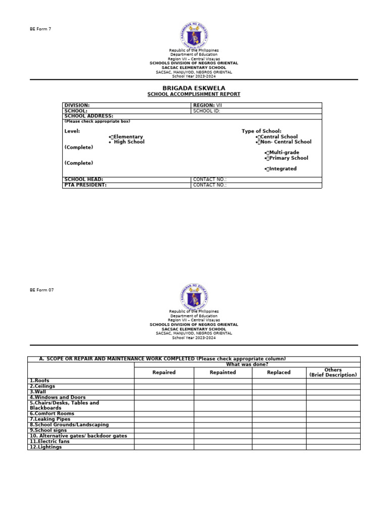 Be Form 7 School Accomplishment Report | PDF