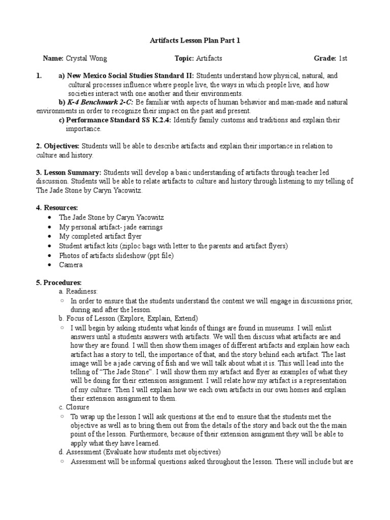 Artifact Lesson Plan 1 | PDF | Lesson Plan | Folklore