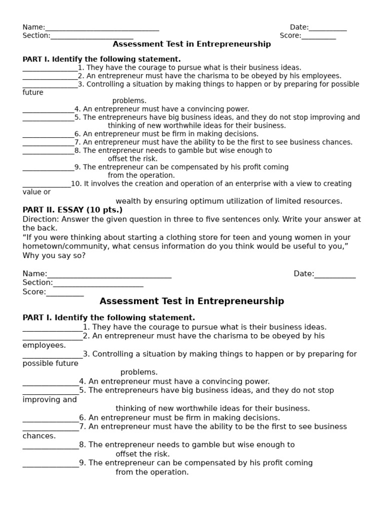 Entrepreneurship Assessment Test Guide | PDF | Entrepreneurship | Economics
