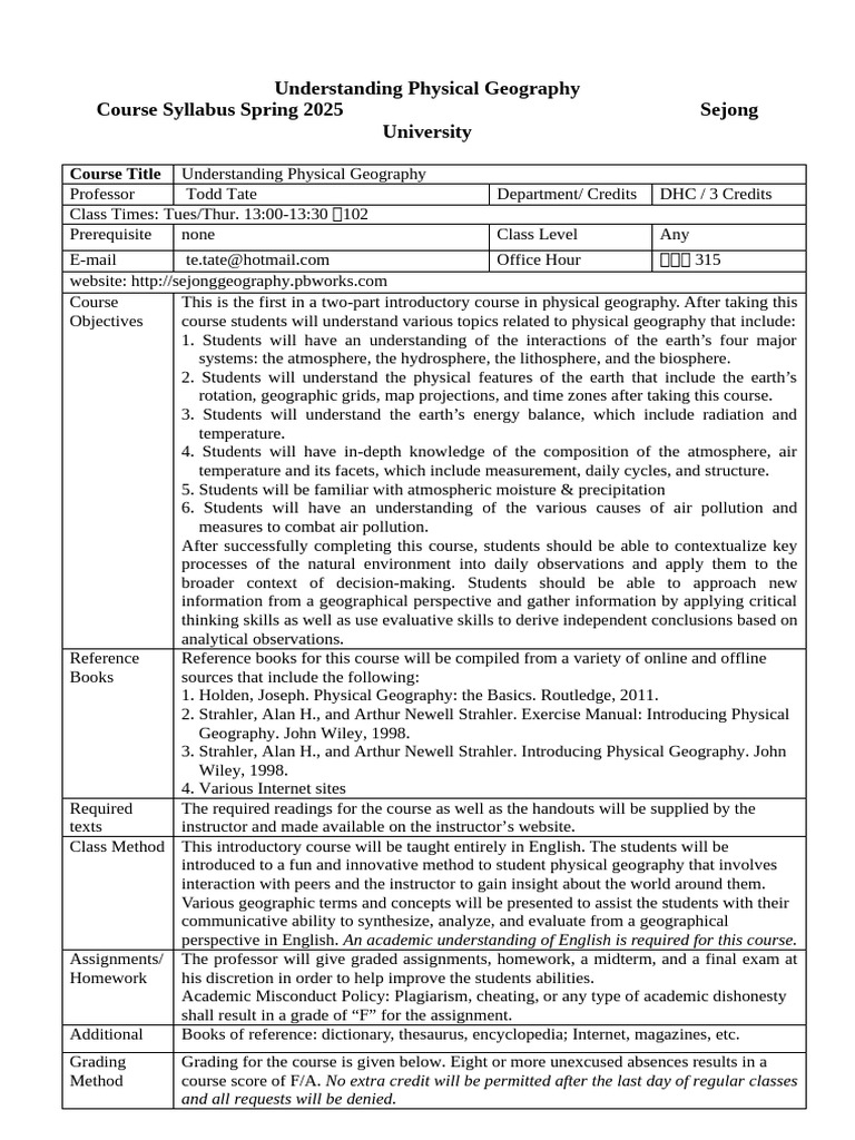Physical Geography Course Syllabus | PDF | Geography | Academic Dishonesty