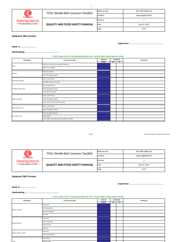 Belt Conveyor Checklist - Weekly | PDF | Belt (Mechanical) | Mechanical ...