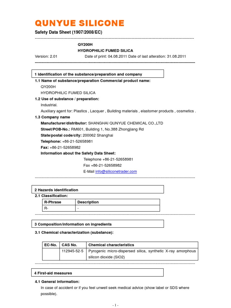Microsoft Word - Safety Data Sheet QY200H | PDF | Silicon Dioxide ...