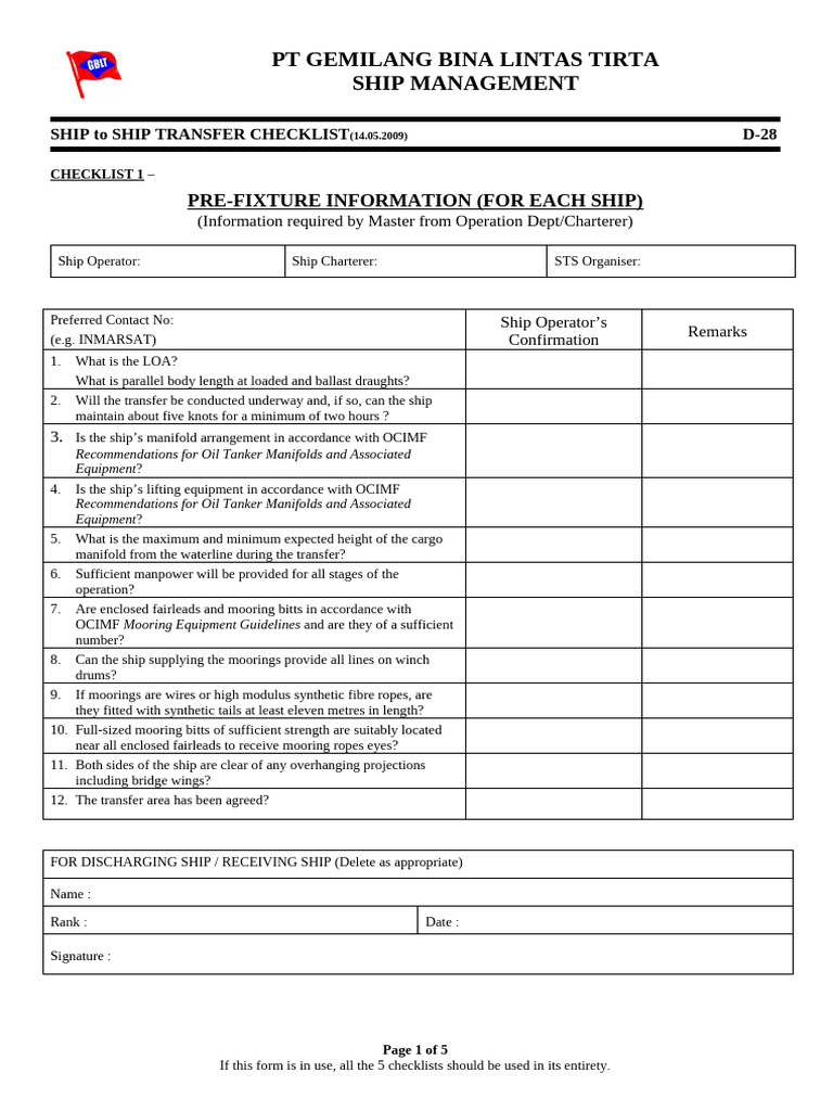 Ship-to-Ship Transfer Checklist D-28 | PDF | Ships | Oil Tanker