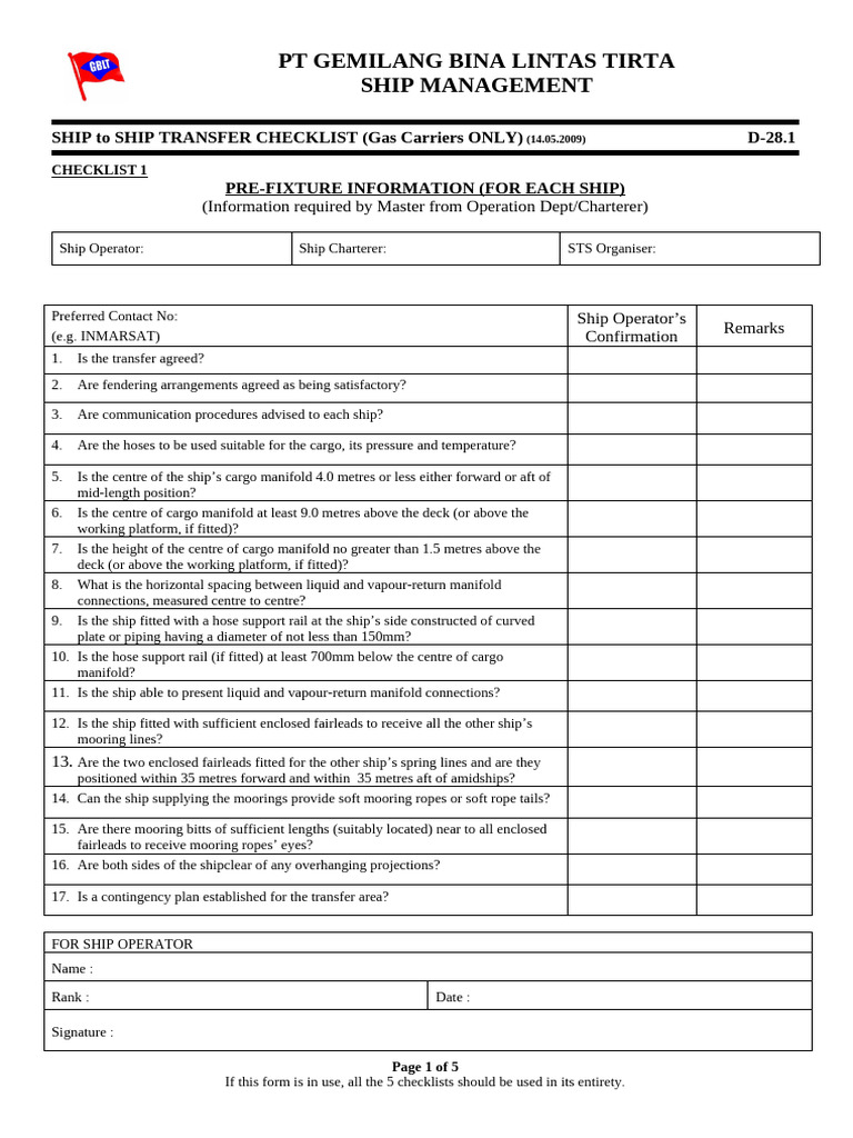 Gas Carrier STS Transfer Checklist | PDF | Ships | Shipping