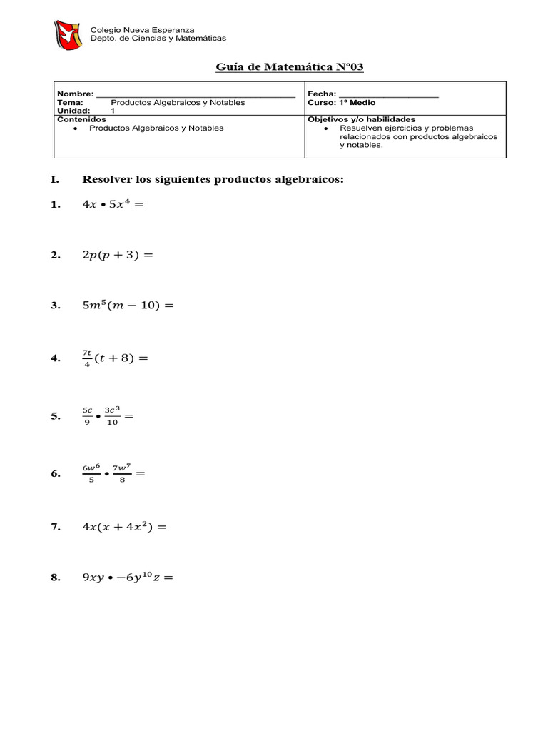 1M Guia Productos Algebraicos | PDF