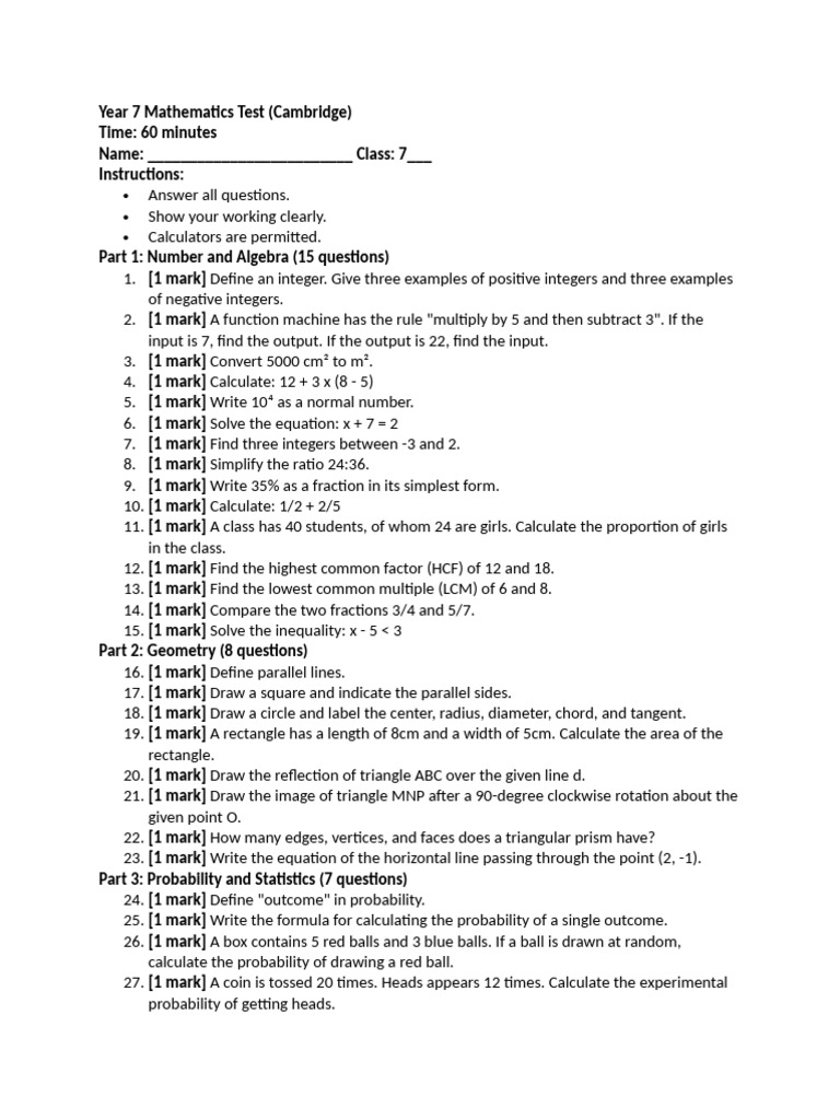 Year 7 Mathematics Test | PDF | Algebra | Elementary Mathematics