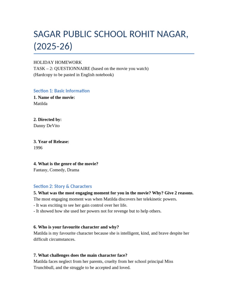 Matilda 1996 Movie Questionnaire | PDF