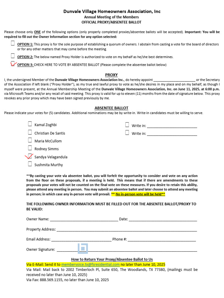 Dunvale Village Proxy Absentee Ballot | PDF | Absentee Ballot ...