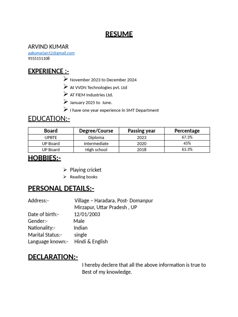 RESUME Arvind Kumar | PDF