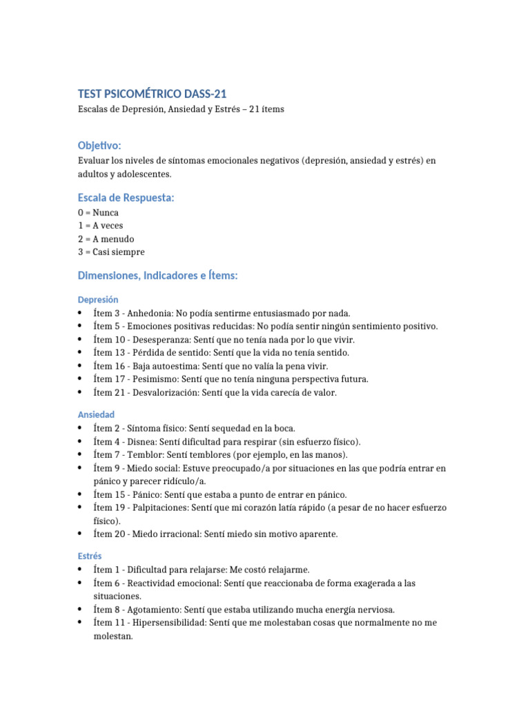 Test DASS-21: Depresión, Ansiedad y Estrés | PDF