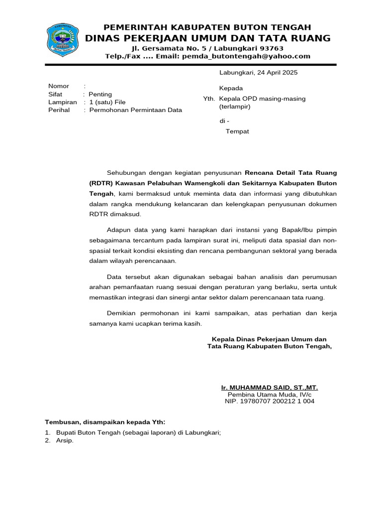 Surat Permintaan Data RDTR Wamengkoli | PDF
