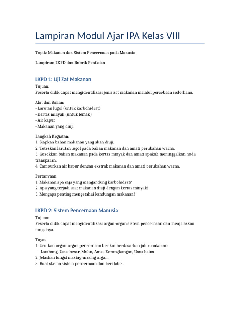 Lampiran Modul IPA LKPD Dan Rubrik | PDF