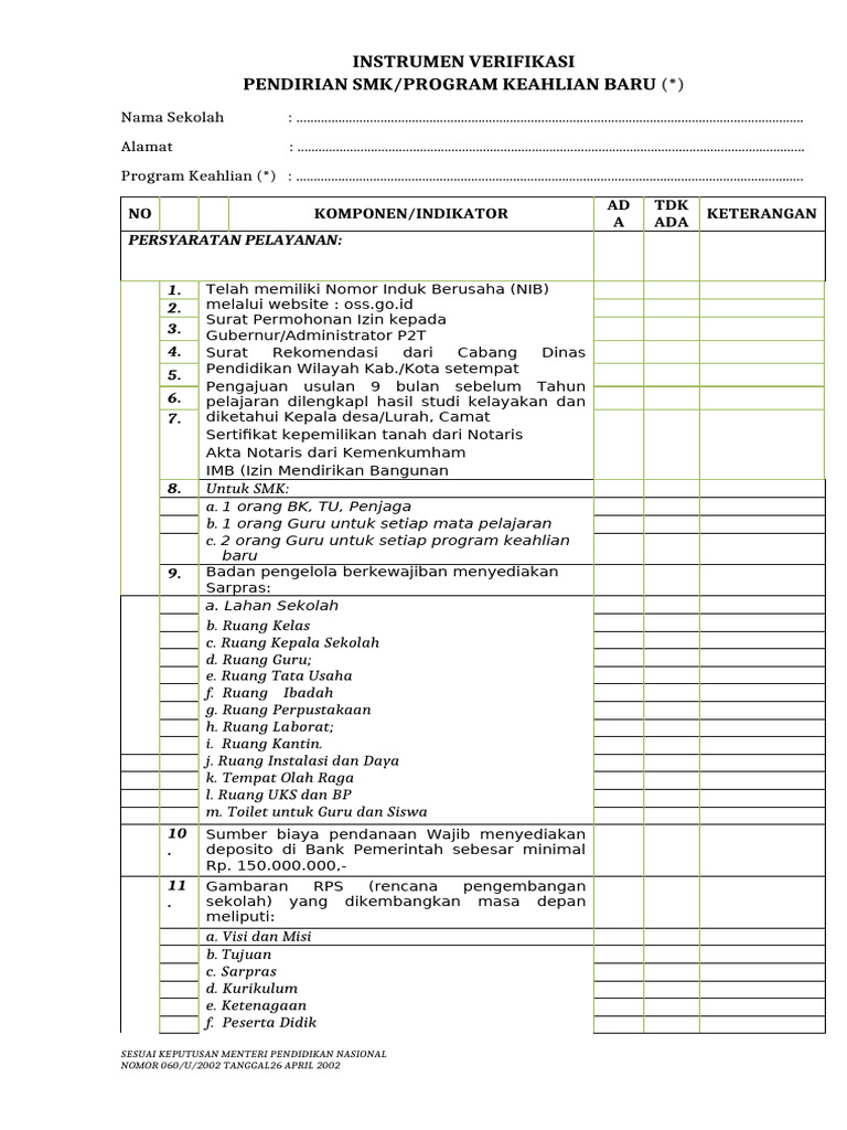Instrumen Verifikasi Pendirian SMK | PDF