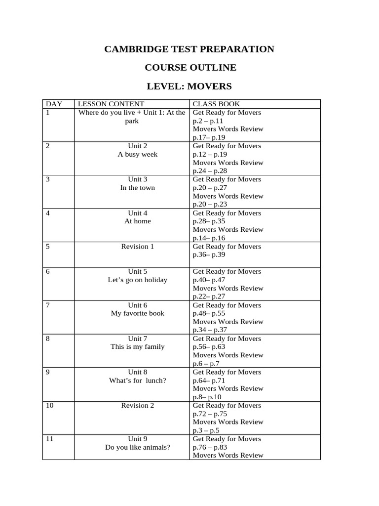 Movers Course Outline for Cambridge Test | PDF | Written Communication ...