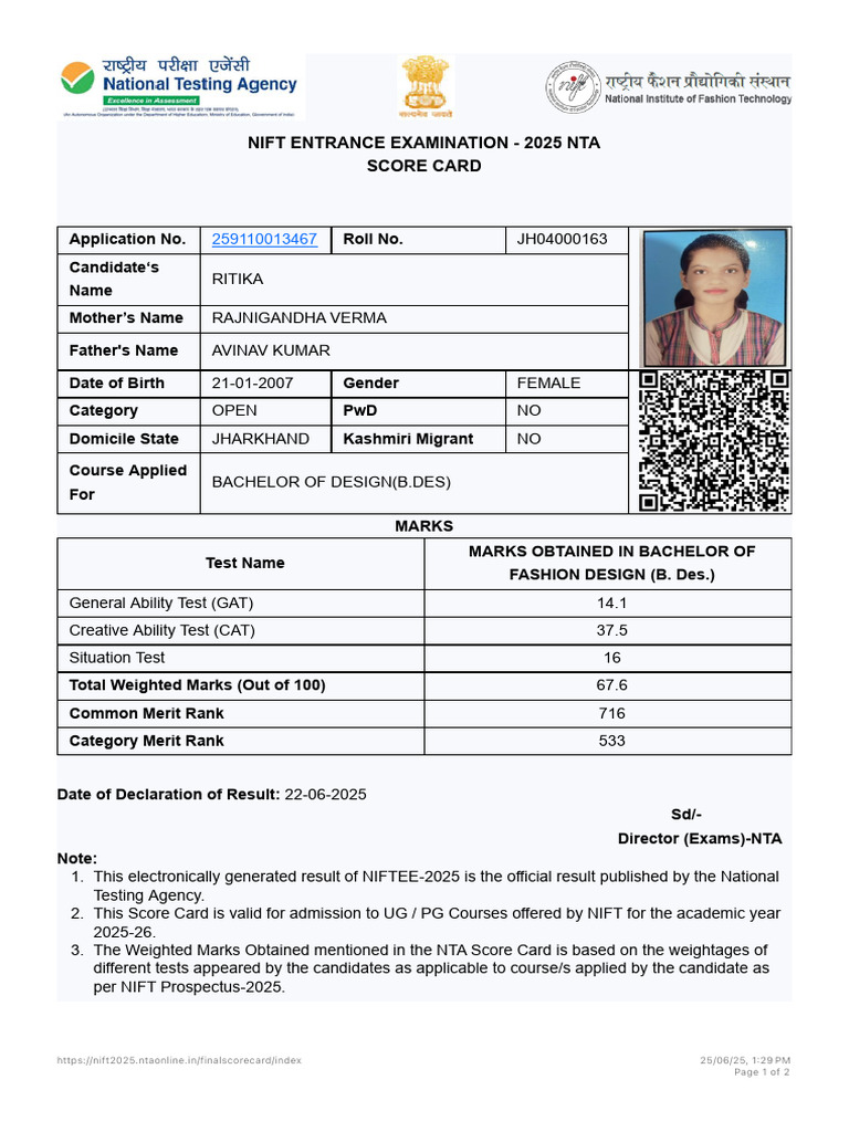 NIFT 2025 Score Card and Results | PDF | Qualifications | Student ...