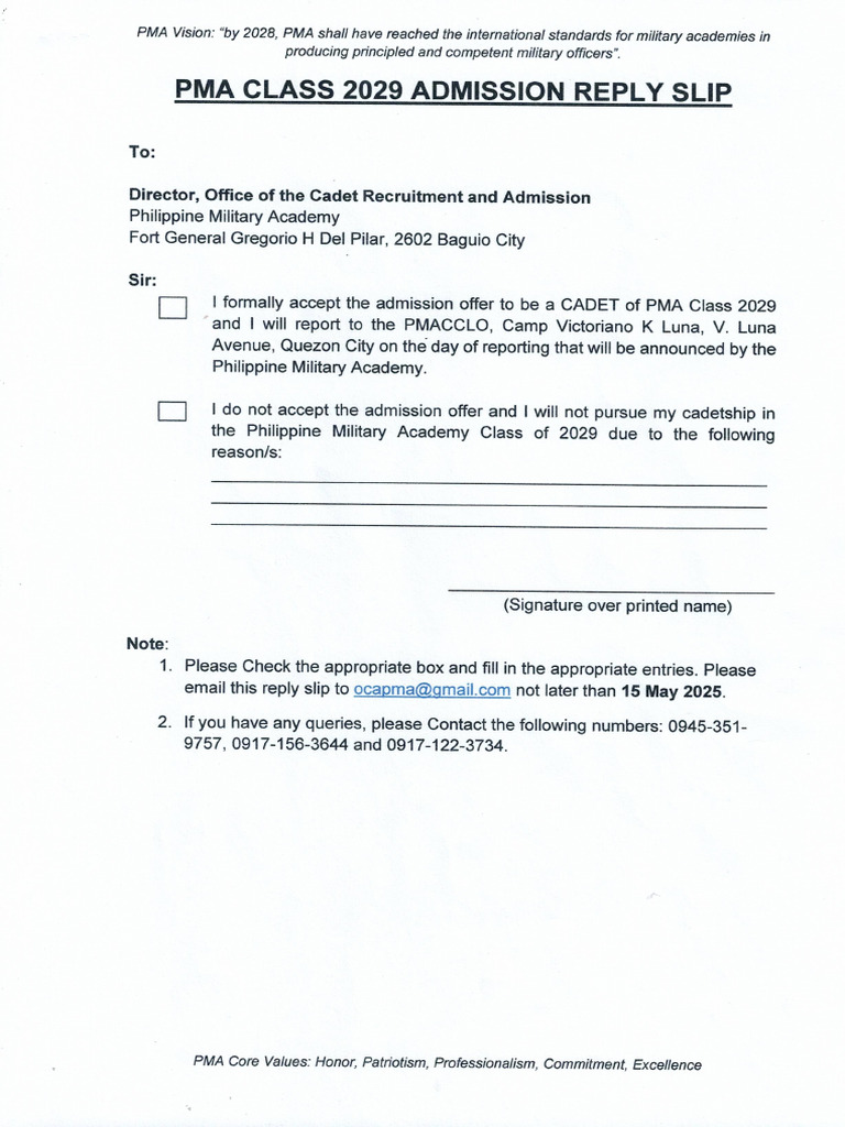 Reply Slip Pma Class 2029 | PDF
