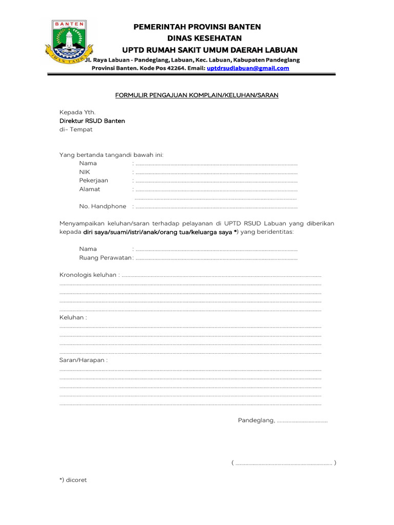 Formulir Pengajuan Komplain Keluhan Saran | PDF