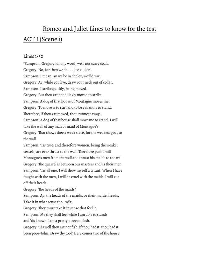 Romeo and Juliet Lines To Know For The Test | PDF | Characters In Romeo ...