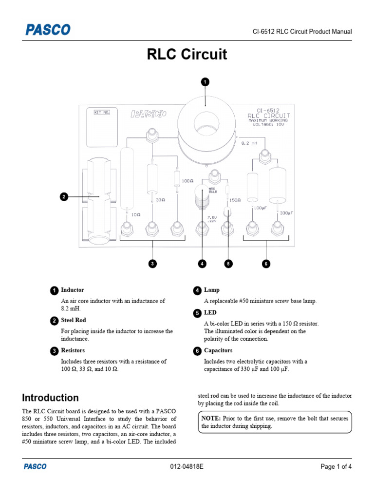 PASCO RLC Circuit Product Manual | PDF | Electrical Network | Inductor