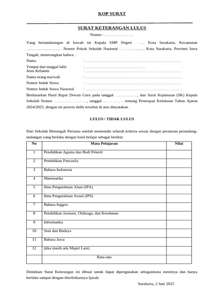 Format Surat Keterangan Lulus | PDF