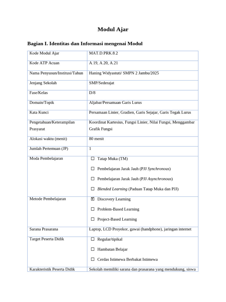 Modul Ajar 8 Persamaan Garis Lurus | PDF