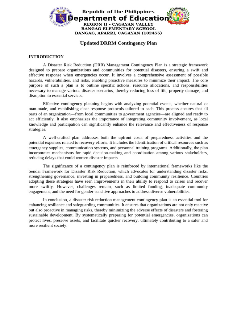 BES-Disaster Risk Reduction Management Contingency Plan | PDF | Disaster Risk Reduction ...