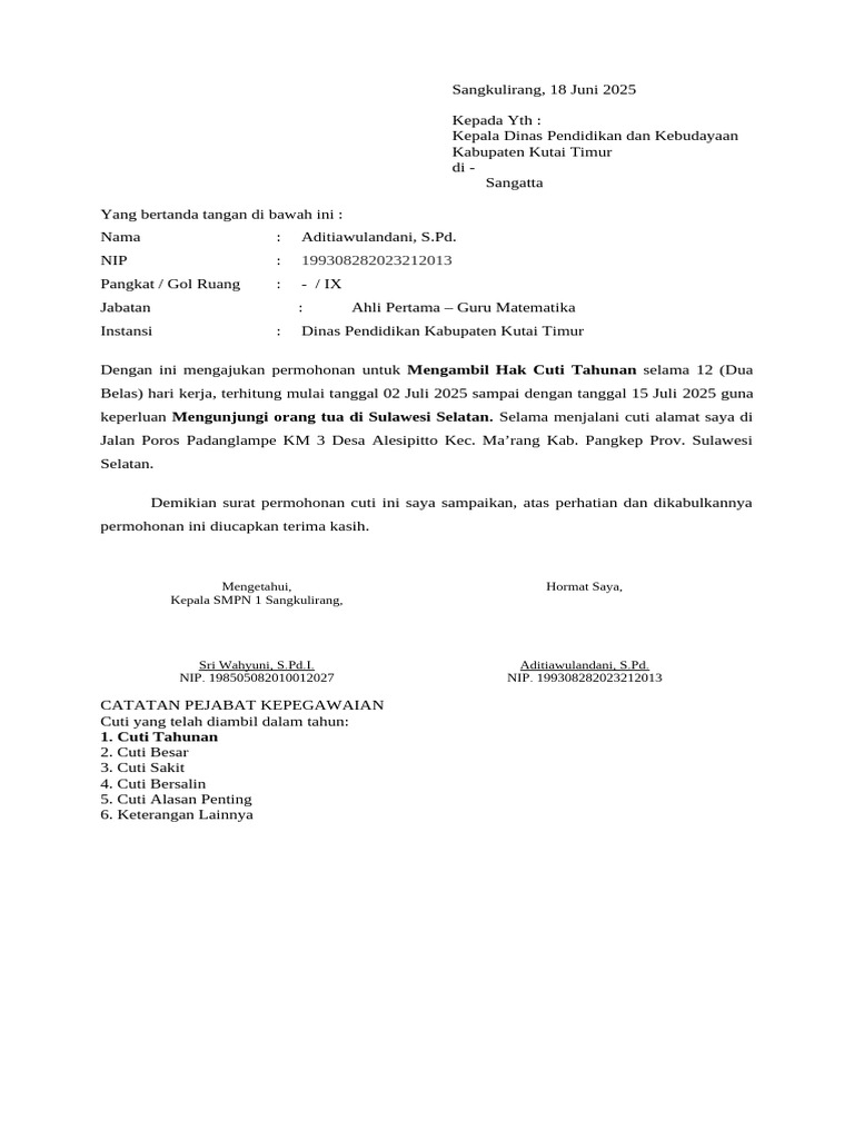 Surat Permohonan Cuti Juni 2025 | PDF