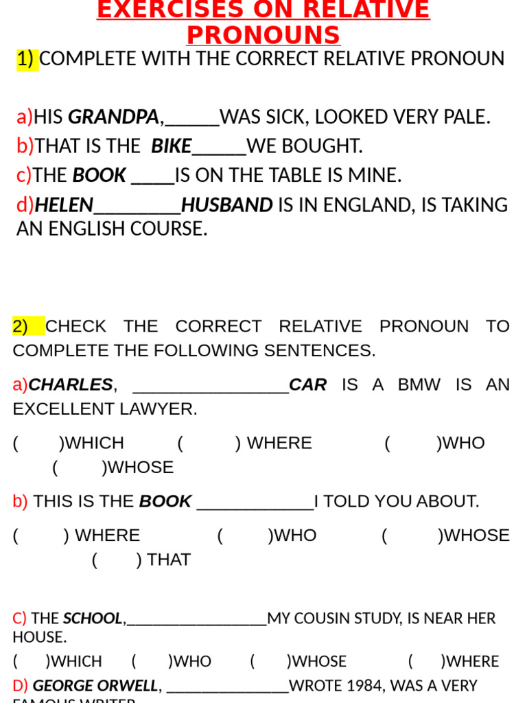 Relative Pronouns Exercise Worksheet | PDF