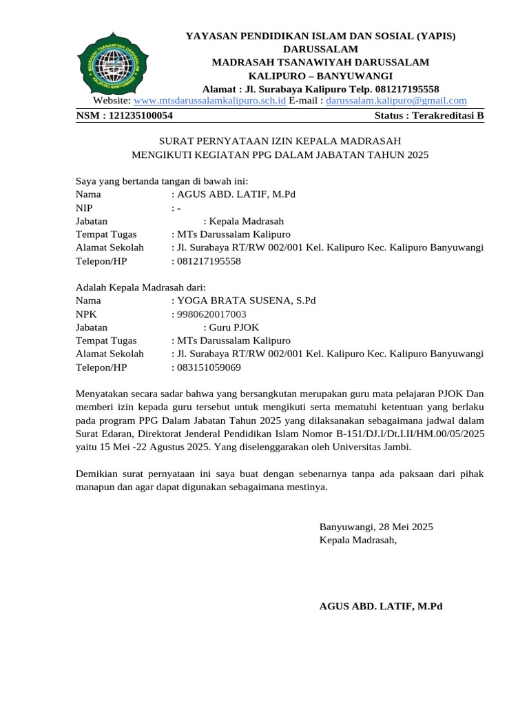 Surat Persetujuan Kepala Madrasah | PDF