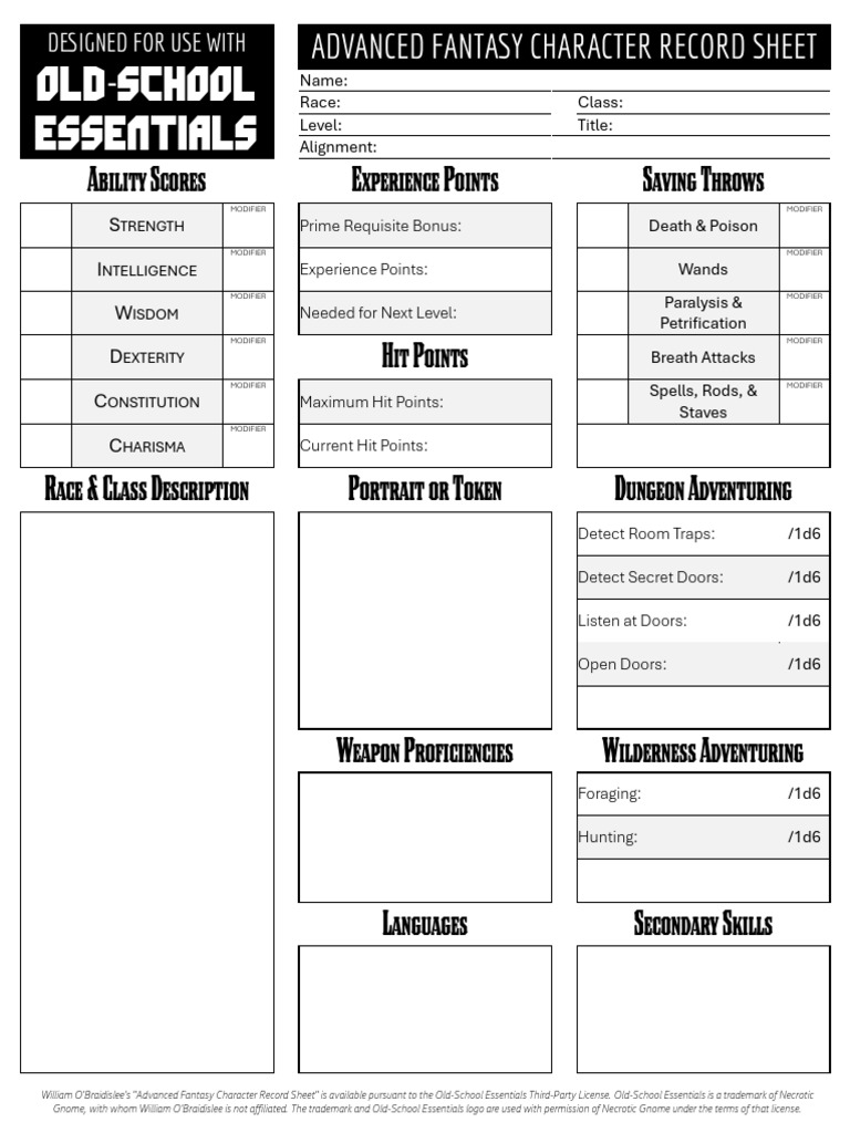 Old-School Essentials Character Sheet | PDF | Storytelling | Fantasy Games