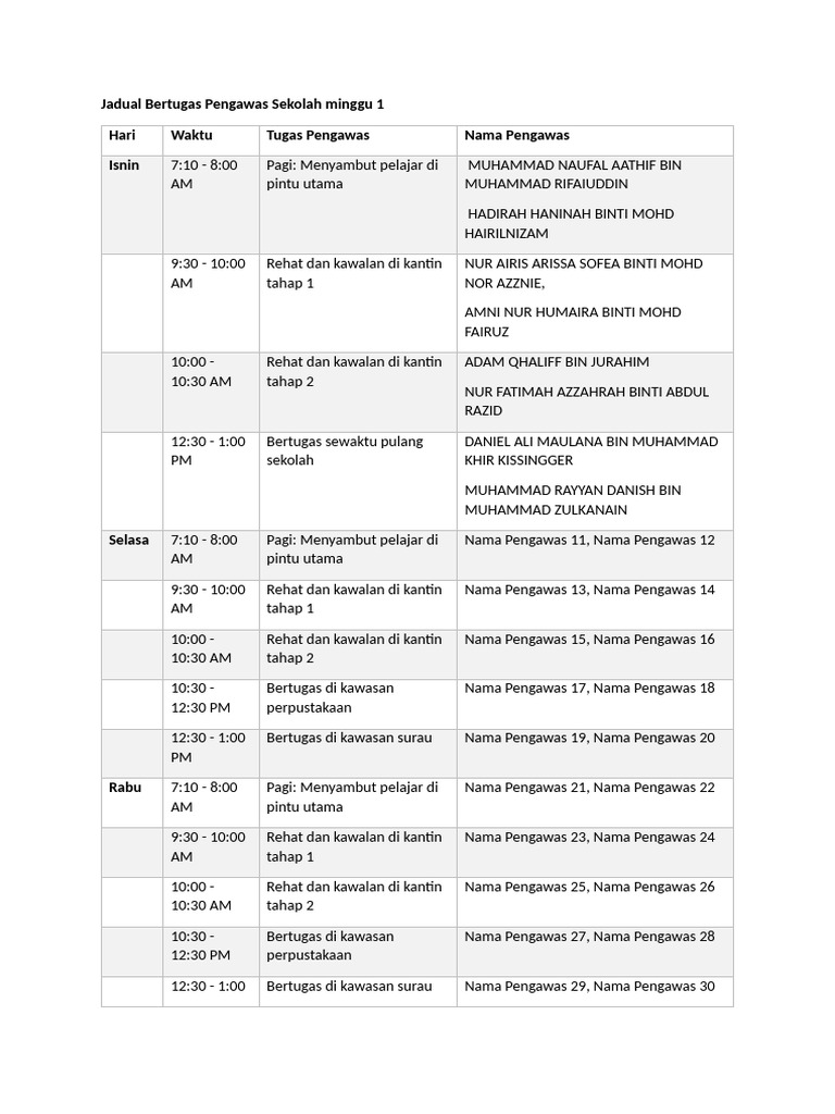 Jadual Bertugas Pengawas Sekolah | PDF