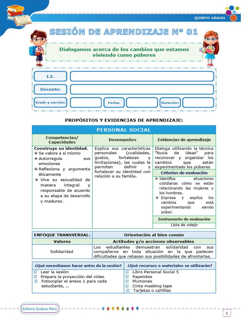 5TO GRADO. - Sesiones de Aprendizaje - Semana 1 - UD II - Editora Quipus Perú | PDF | Evaluación ...