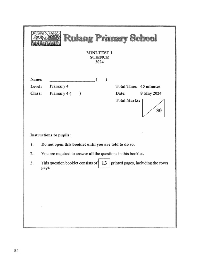 P4 Science WA1 2024 Rulang Exam Papers | PDF