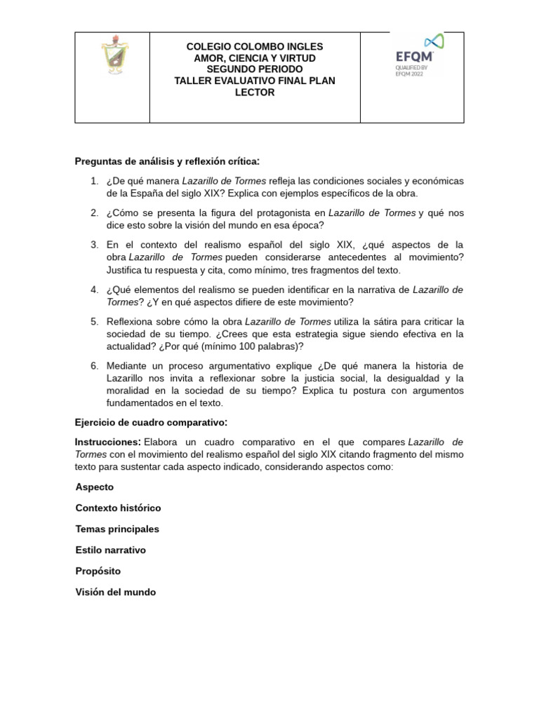 Taller Evaluativo Final Segundo Period Plan Lectro 10° | PDF