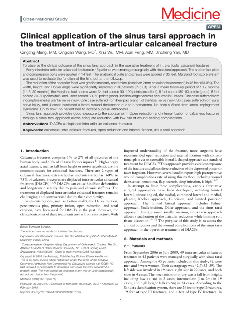 Clinical Application of The Sinus Tarsi Approach in The Treatment of ...