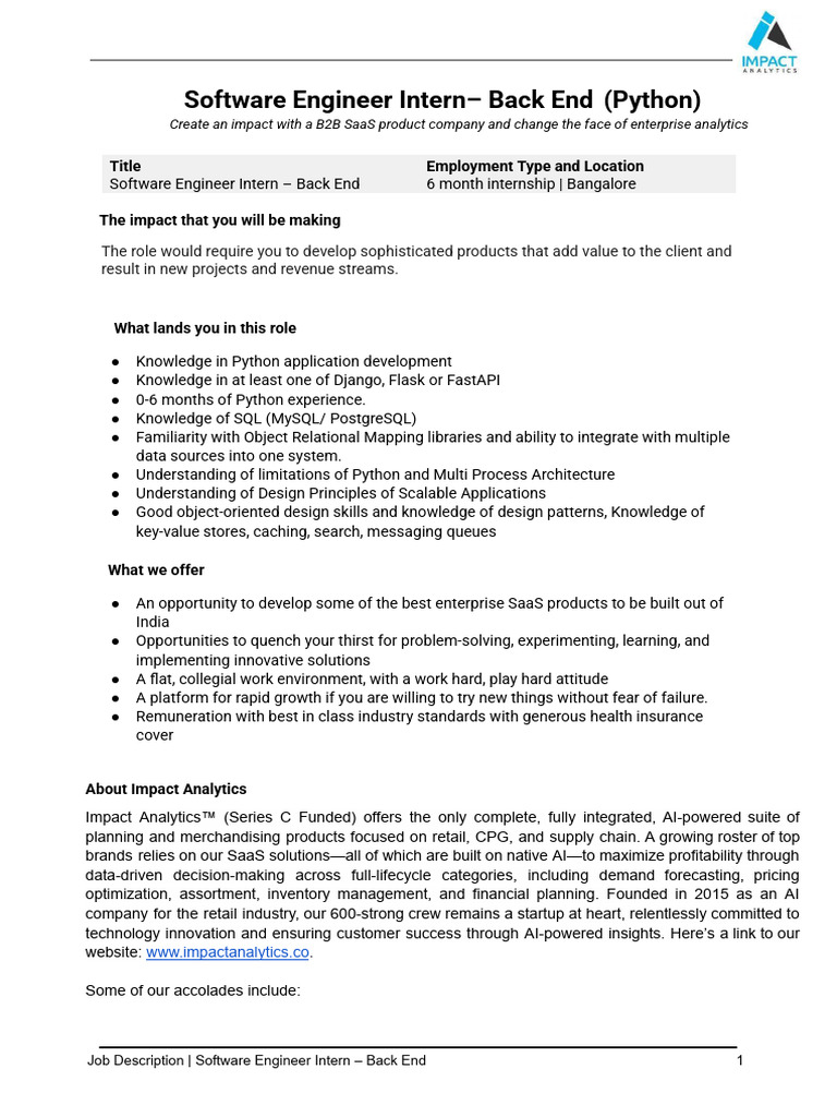 Impact Analytics - JD - Software Engineer Intern - Back End | PDF | Analytics | Python ...